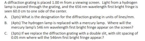 Solved A Diffraction Grating Is Placed 1 00 M From A Viewing Chegg Com