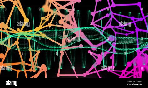 colorful geometric shapes and lines image over sound waves and