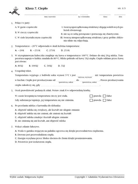 Test Fizyka Klasa 7 Dział 2