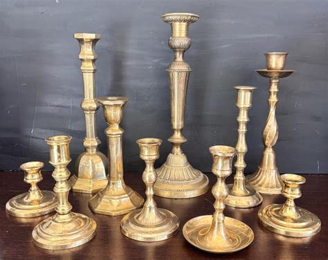 Vintage Brass Candlestick Collection Set Of 10 Various Heights