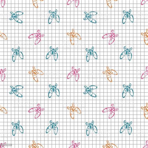 원활한 벡터 패턴 체크 무늬 종이에 귀여운 나비와 배경 손 밑그림 그리기입니다 잉크 Pencilling 모방 곤충과 손으로 그린 패턴의 시리즈입니다 곤충에 대한 스톡 벡터