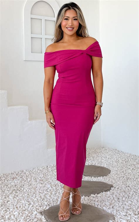 Mirella Off Shoulder Bow Neckline Detail Bodycon Midi Dress Hot Pink