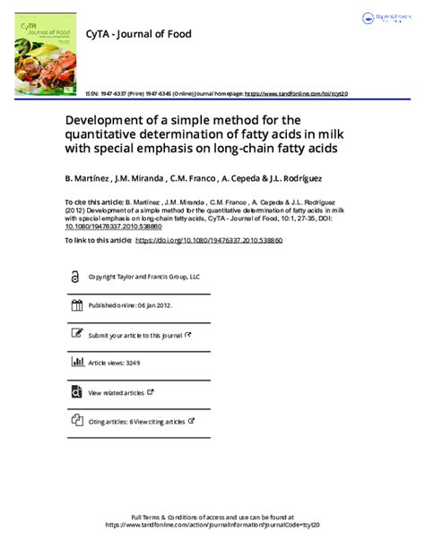 Pdf Development Of A Simple Method For The Quantitative Determination Of Fatty Acids In Milk