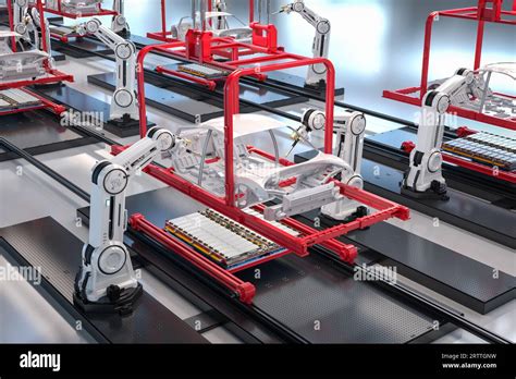 Automation Automobile Factory With 3d Rendering Robot Assembly Line