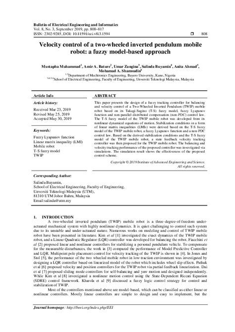 Pdf Velocity Control Of A Two Wheeled Inverted Pendulum Mobile Robot A Fuzzy Model Based Approach