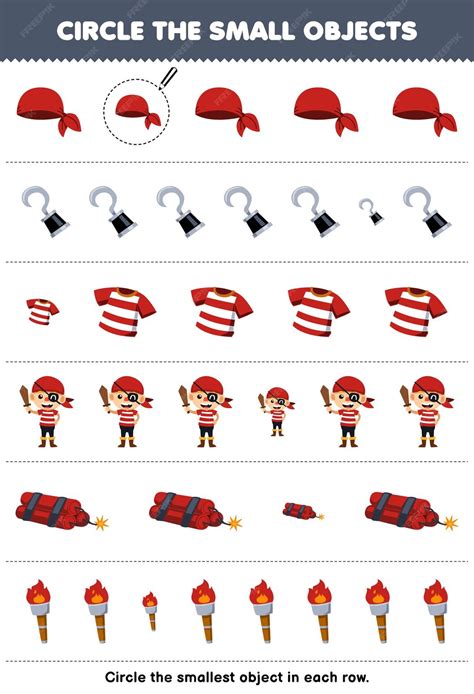 어린이를 위한 교육 게임은 귀여운 만화 반다나 다이너마이트 토치 인쇄 가능한 해적 워크시트의 각 행에서 가장 작은 물체에 동그라미를 칩니다 프리미엄 벡터