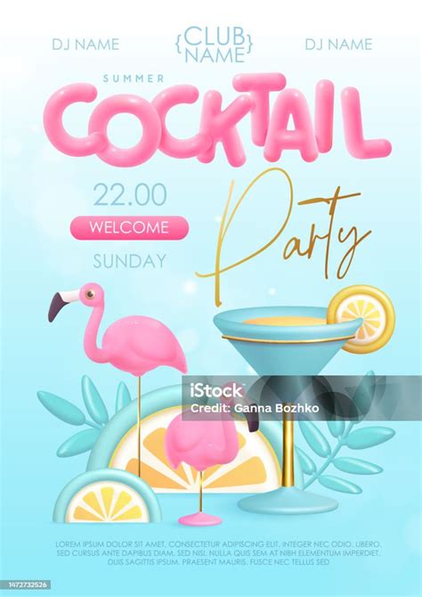 여름 칵테일 디스코 파티 타이포그래피 포스터에는 3d 플라스틱 텍스트 칵테일 열대 잎 플라밍고가 있습니다 벡터 그림 3차원 형태에 대한 스톡 벡터 아트 및 기타 이미지