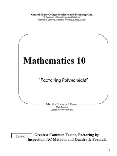 Factoring Polynomials Pdf Quadratic Equation Factorization