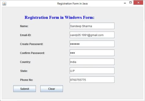 Registration Form In Windows Form Using Swing In Java