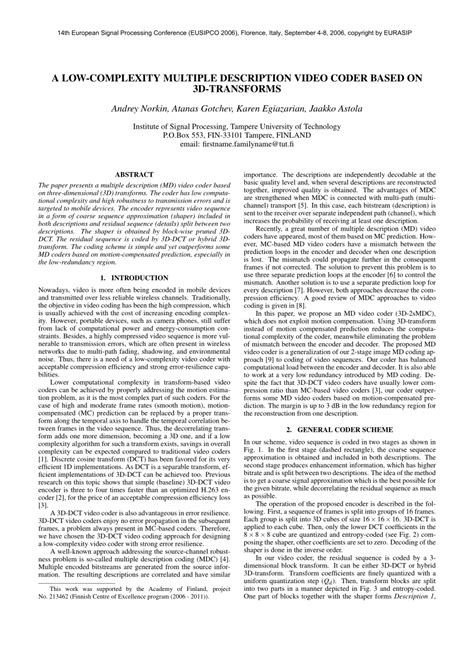 Pdf A Low Complexity Multiple Description Video Coder Based On 3d Transforms