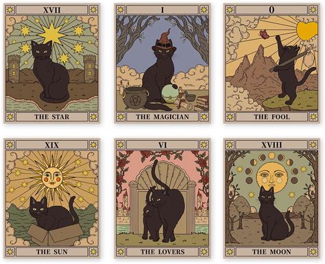 Xuoiaynb Black Cat Tarot Art Prints Retro The Sun Moon