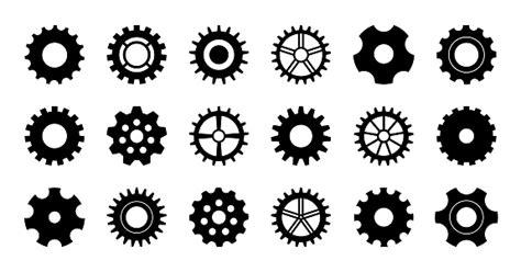 기어 아이콘입니다 산업용 코그휠 엔진의 기어 휠 기계용 톱니바퀴가 달린 원형 바퀴 기술 메커니즘 시계 및 공장에 대한 실루엣 세트 메탈 기어 휠의 검은 아이콘 벡터 바퀴에