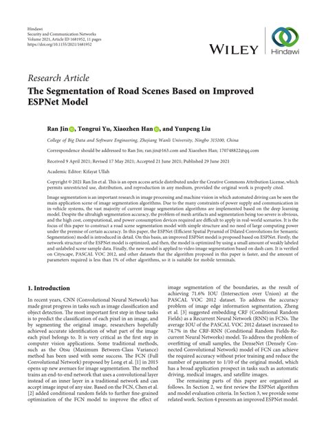 pdf the segmentation of road scenes based on improved espnet model