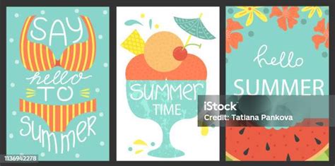 여름의 3 포스터 세트 여름에 대 한 벡터 디자인 컨셉 바다 휴가 박 슬라이스 아이스크림 개체 그룹에 대한 스톡 벡터 아트 및