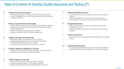 Devops Quality Assurance And Testing It Table Of Contents For Devops Quality Assurance And