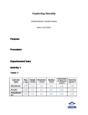Lab Report Exploring Density Exploring Density Marley Tyler Purpose The