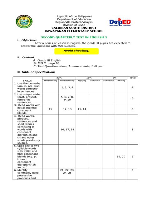 Tos 2nd Grading 2017 Grade Iii Pdf English Language Multiplication