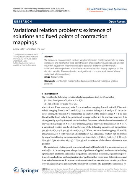 Pdf Variational Relation Problems Existence Of Solutions And Fixed Points Of Contraction Mappings