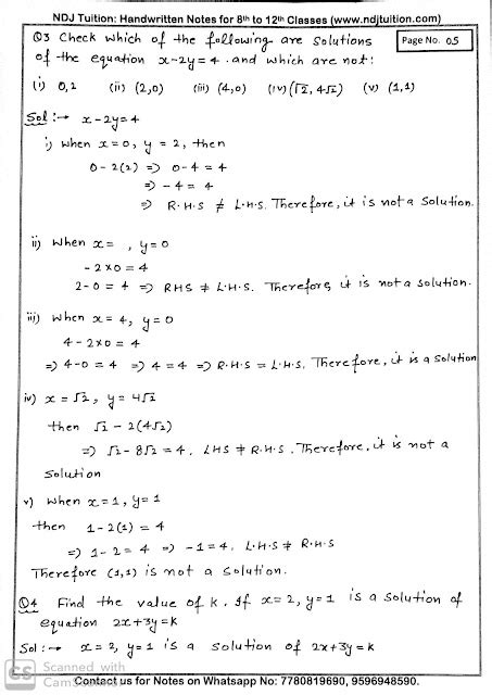 Linear Equation In Two Variables Handwritten Notes For 9th Math