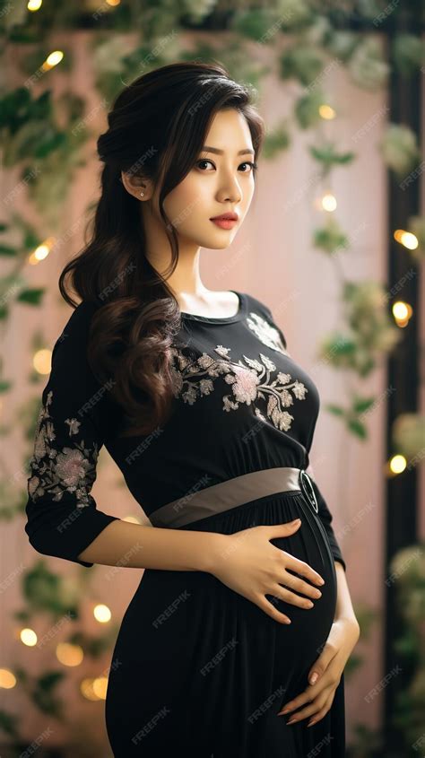 Portrait Of An Attractive Korean Pregnant Woman Wearing Black Tops