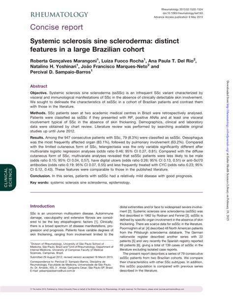 Pdf Systemic Sclerosis Sine Scleroderma Distinct Features In A Large Brazilian Cohort