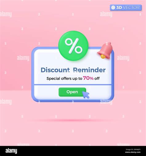 Discount Reminder Notifications Banner Icon Symbols Pop Up Box With Percent Sign And Pink Bell