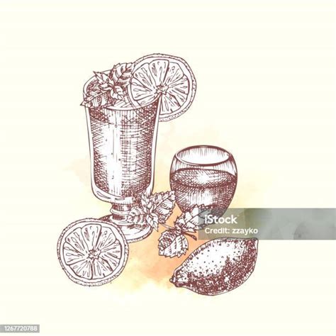 알코올 칵테일 음료 수채화 배경 보드카 위스키 바 레스토랑 카페 메뉴 전단지 배너 포스터 인그레이빙 스타일 벡터에 손으로 그린