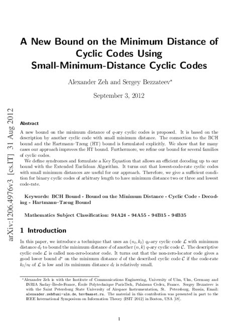 Pdf A New Bound On The Minimum Distance Of Cyclic Codes Using Small