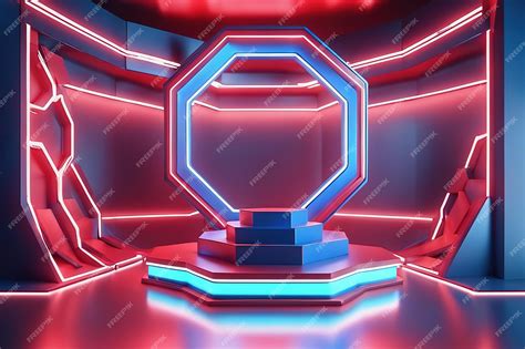 프리미엄 제품 Ai 생성을 위한 네온 조명 연단 무대를 갖춘 미래 지향적인 3d 렌더링 그림 프리미엄 사진