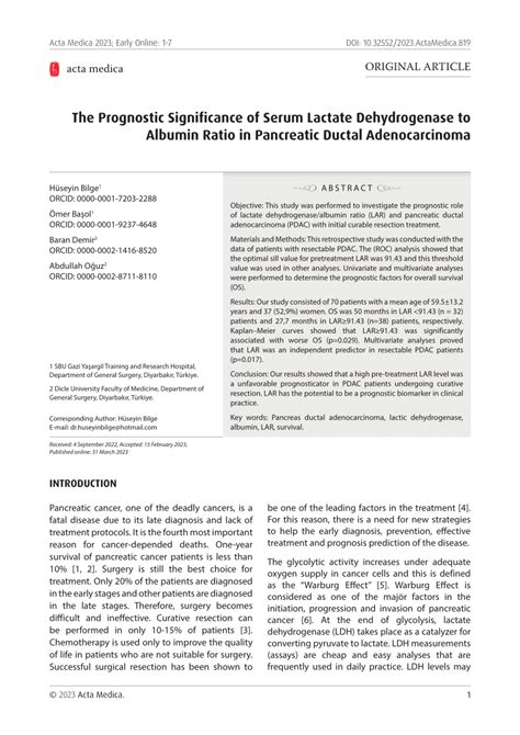 Pdf The Prognostic Significance Of Serum Lactate Dehydrogenase To Albumin Ratio In Pancreatic
