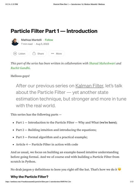 Particle Filter Part 1 — Introduction By Mathias Mantelli Medium Pdf
