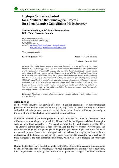 Pdf High Performance Control For A Nonlinear Biotechnological Process Based On Adaptive Gain