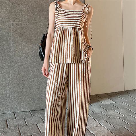 다미님 세트 나시 팬츠 투피스 끈 스트링 민소매 리본 여름 뷔스티에 물놀이 바캉스 빅사이즈 셔링 프릴 하객룩 밴딩 하이웨스트 바지 롱팬츠 일자핏 와이드팬츠 린넨 스트라이프