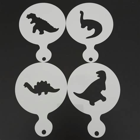 4pcs 공룡 커피 스텐실 만화 먹고 쿠키 바리 스타 라떼 카푸치노 플라스틱 템플릿 금형 케이크 장식 도구커피 스텐실