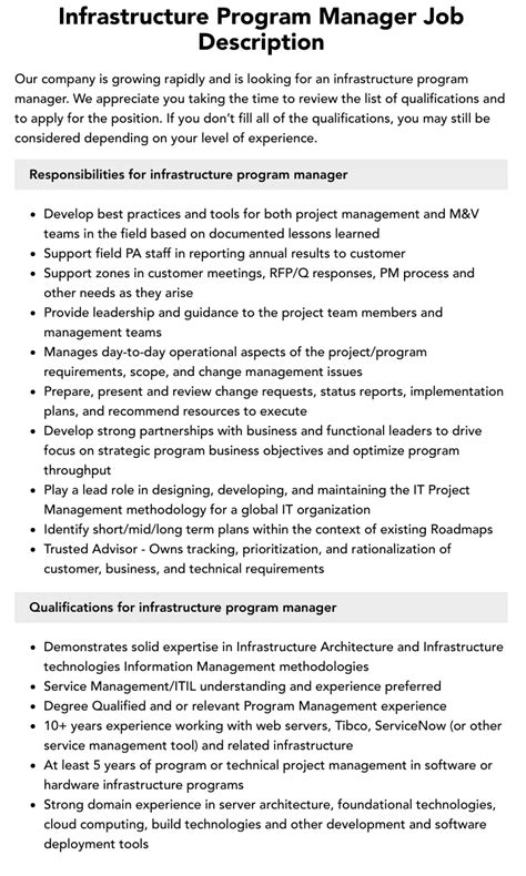Infrastructure Program Manager Job Description Velvet Jobs