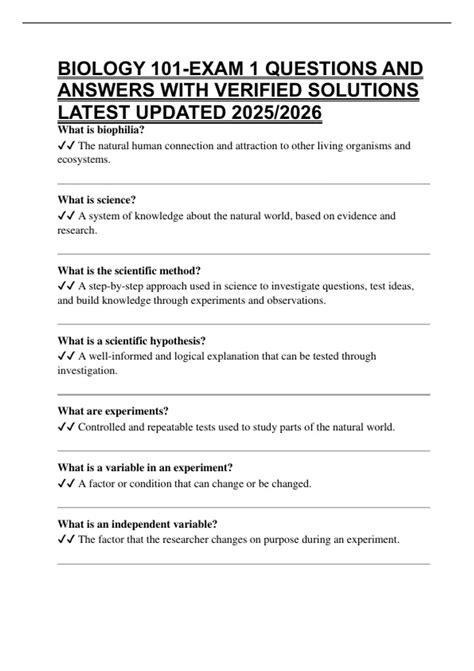 Biology 101 Exam 1 Questions And Answers With Verified Solutions Latest Updated 2025 2026 Biod