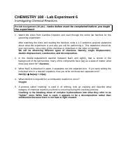Exp6 Prelab Template Done Docx CHEMISTRY 108 Lab Experiment 6 Investigating Chemical