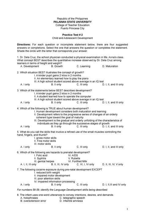 Ed1 Practice Test 2 Pre Test Republic Of The Philippines Palawan