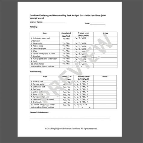 Task Analysis Toileting Handwashing Data Collection Sheets W And W O Prompts