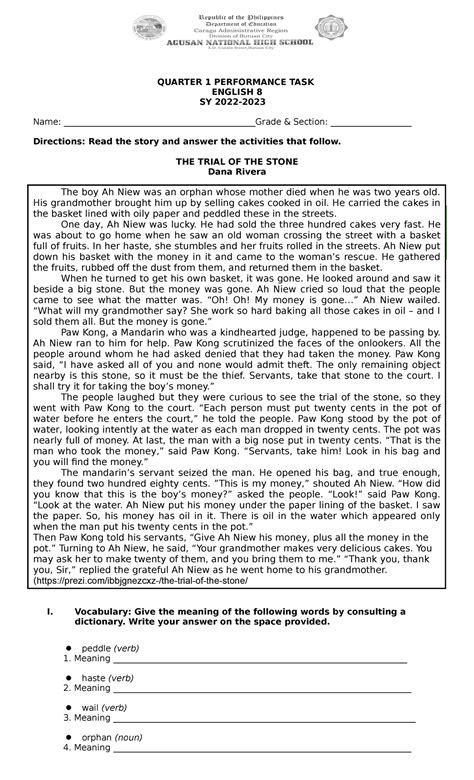 Q Performance TASK Babes QUARTER PERFORMANCE TASK ENGLISH SY Name Studocu