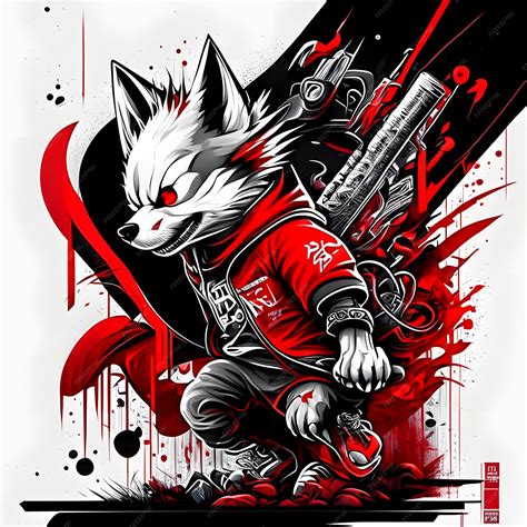 Ниндзя лис в японском аниме арте с мечом и графикой генеративный ии Премиум Фото