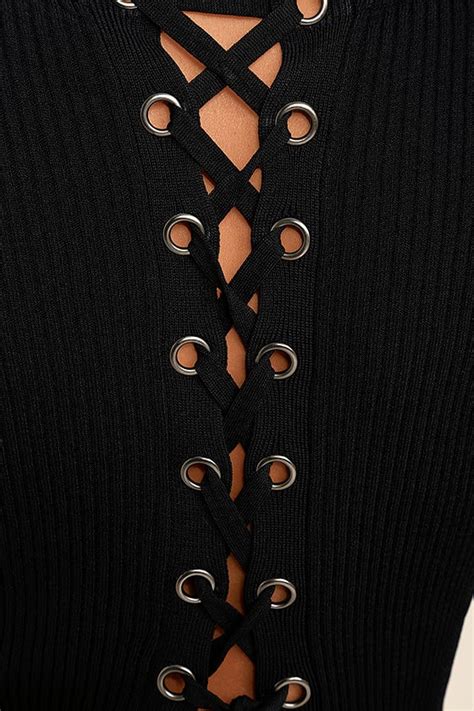 Sexy Black Top Lace Up Top Long Sleeve Top Lace Back Top