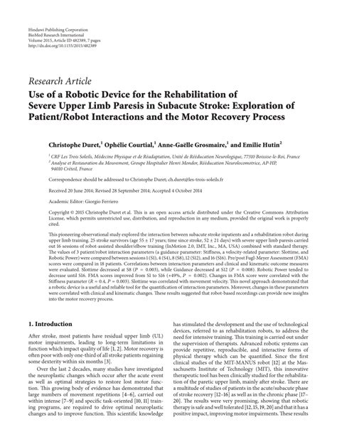 Pdf Use Of A Robotic Device For The Rehabilitation Of Severe Upper Limb Paresis In Subacute