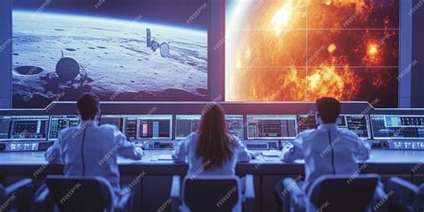 Mission Control Room With Scientists Celebrating Successful Mars Landing Premium Ai Generated
