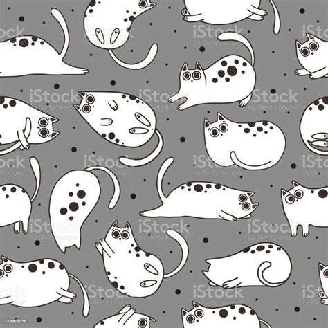 귀여운 만화 고양이와 원활한 패턴 직물 섬유 벡터 일러스트 레이 션에 적합 0명에 대한 스톡 벡터 아트 및 기타 이미지 0명 개 공예 Istock