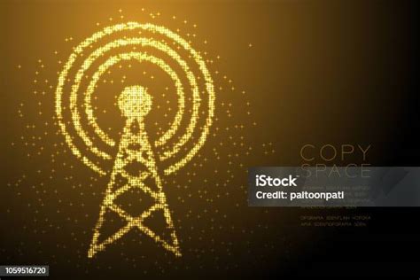 빛나는 Bokeh 스타 패턴 안테나 타워 모양 추상화 방송 통신 개념 디자인의 골드 컬러 일러스트 레이 션의 갈색 그라데이션 배경 복사 공간 벡터 Eps 10에 고립 0명에