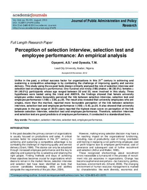Pdf Perception Of Selection Interview Selection Test And Employee