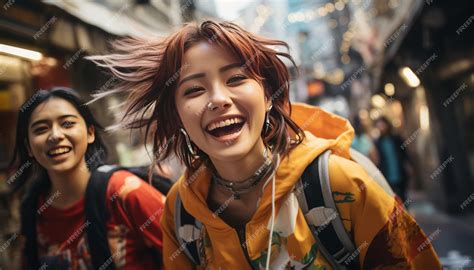 Premium Ai Image Two Japanese Girls Walking In Shopping Streets Of