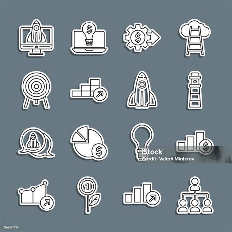 세트 라인 계층 구조 오가노그램 차트 파이와 달러 등대 기어 위드 재무 성장 대상 스타트업 프로젝트 개념 및 아이콘 벡터