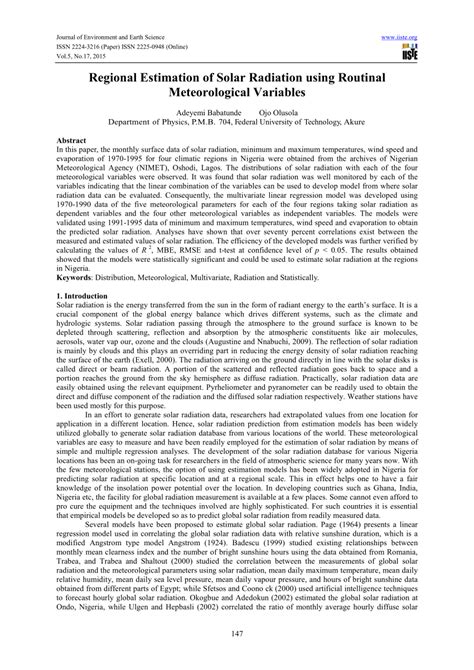 Pdf Regional Estimation Of Solar Radiation Using Routinal Meteorological Variables